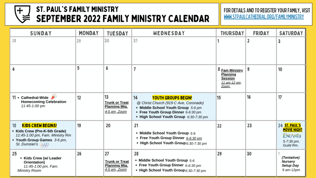 September 2022 Family Ministry Calendar - St Paul's Cathedral